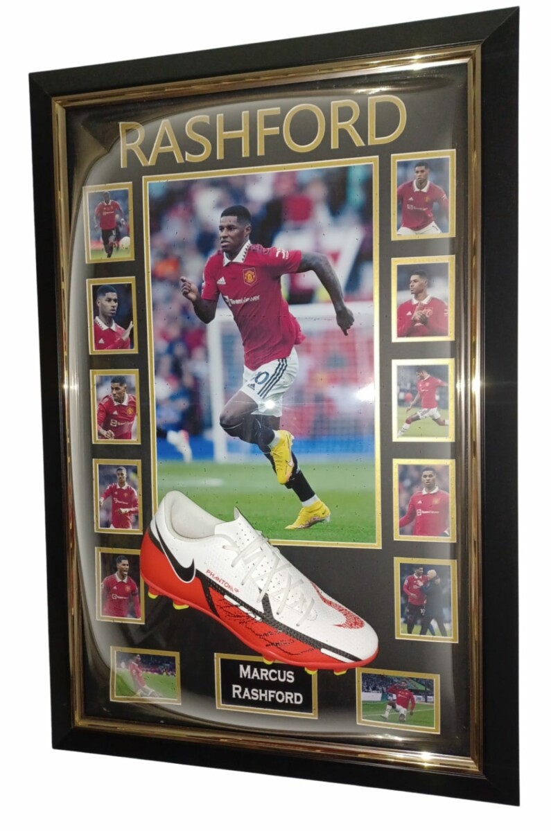 MARCUS RASHFORD SIGNED FOOTBALL BOOT IN CURVED FRAME WITH MANCHESTER U ...